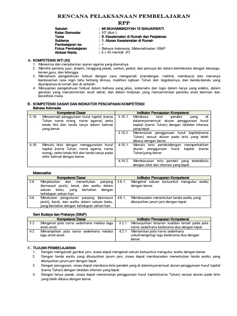 RPP Tema Keselamatan Kelas 2 | PDF
