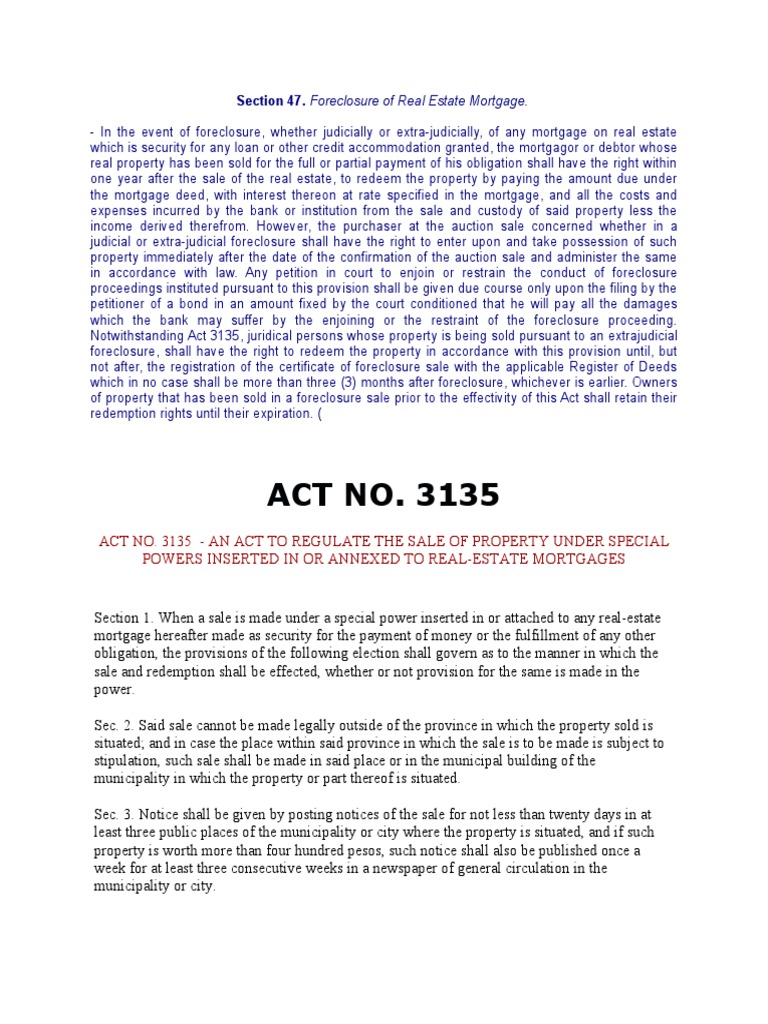 ACT NO 3135 Section 47 Foreclosure Of Real Estate Mortgage PDF