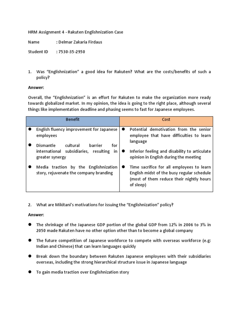 (Delmar Zakaria Firdaus) HRM Assignment 4 - Rakuten Englishnization | PDF