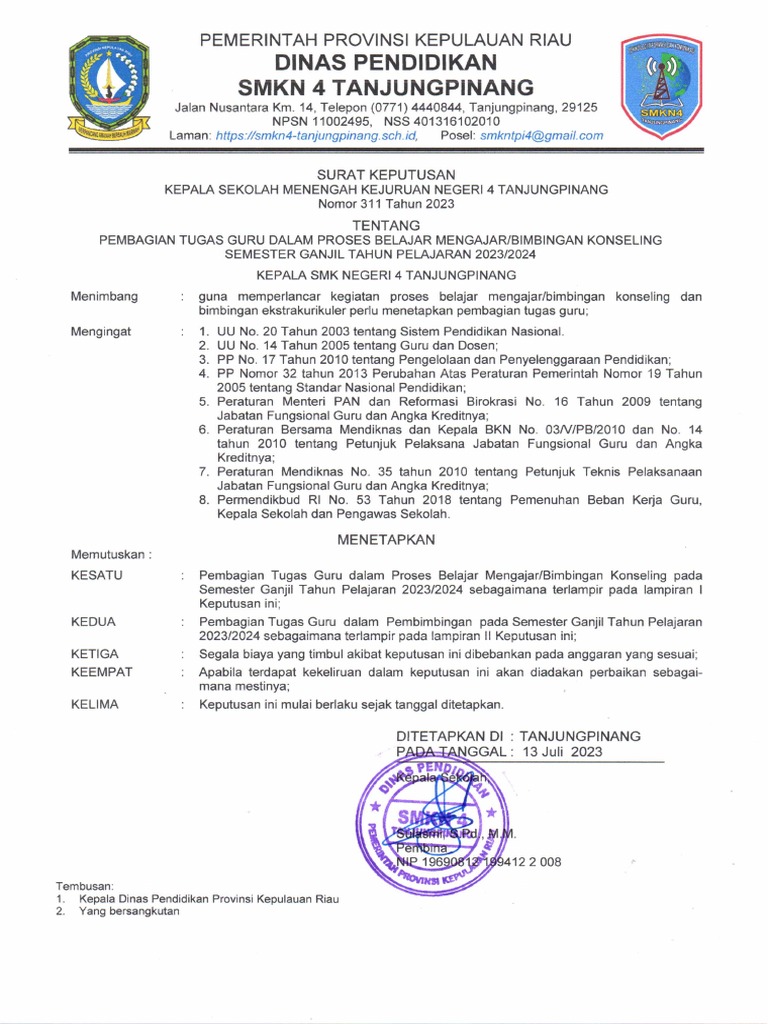 SK Pembagian Tugas Guru Semester Ganjil TP 2023-2024 Okk | PDF