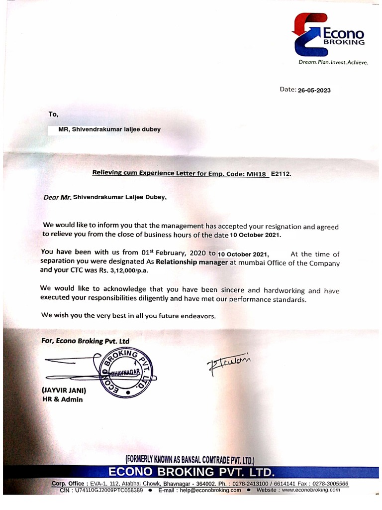 Relieving cum Experience letter (1) | PDF