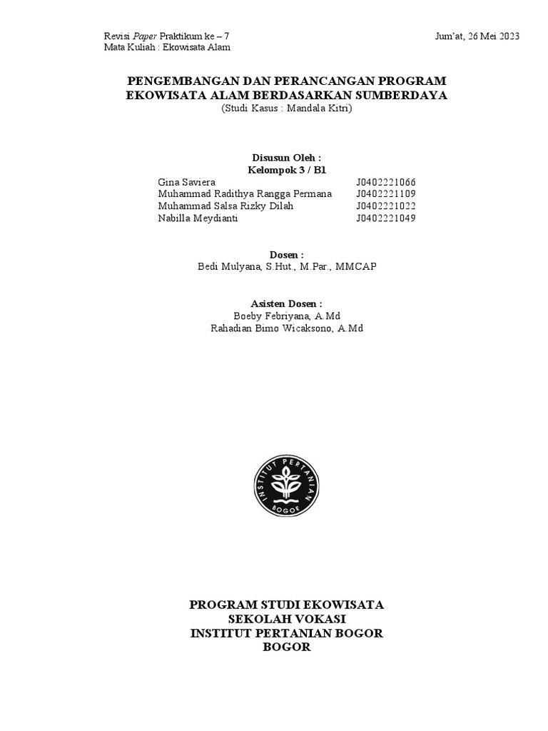 Paper 7 - Kel 3 - B1 - Wislam - PENGEMBANGAN DAN PERANCANGAN PROGRAM EKOWISATA ALAM BERDASARKAN ...