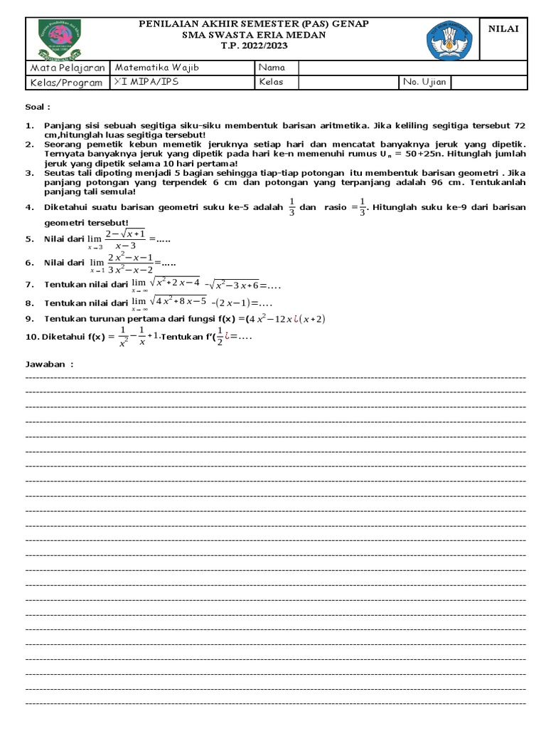 Format Soal PAS Matematika Wajib ID SMSTR Genap Kls XI 2023 | PDF