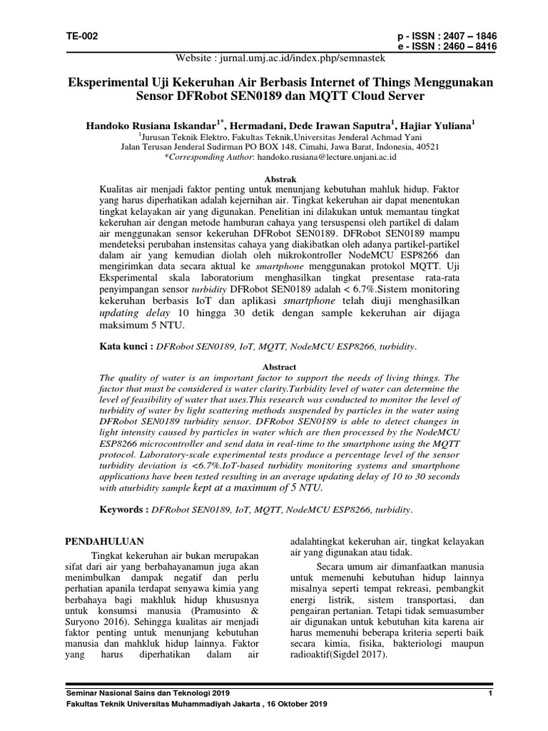 Eksperimental Uji Kekeruhan Air Berbasis Internet of Things Menggunakan Sensor Dfrobot Sen0189 ...