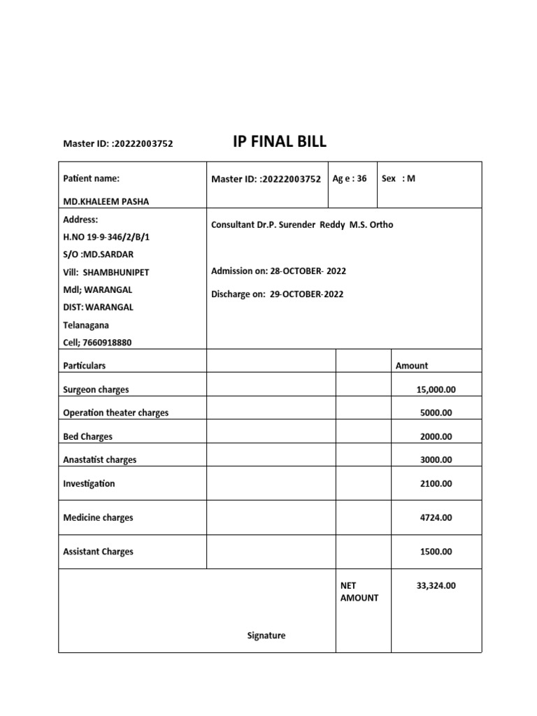 Ip Finall Bill | PDF | Patient | Surgery