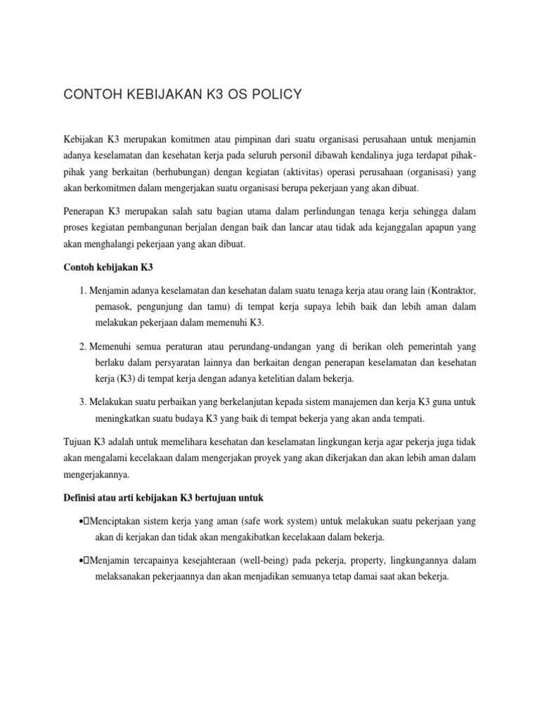 Contoh Kebijakan K3 Os Policy | PDF