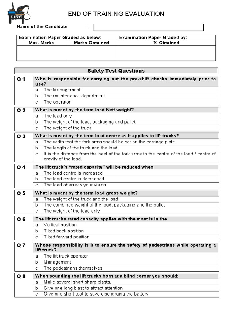 FLT Theory Test Questions WHC TRN 005 | PDF | Forklift | Truck