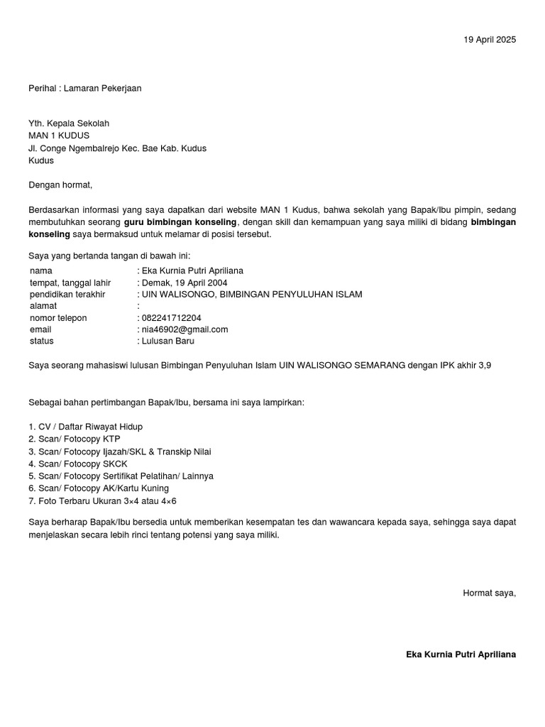 Surat Lamaran Kerja Eka Kurnia Putri Apriliana | PDF