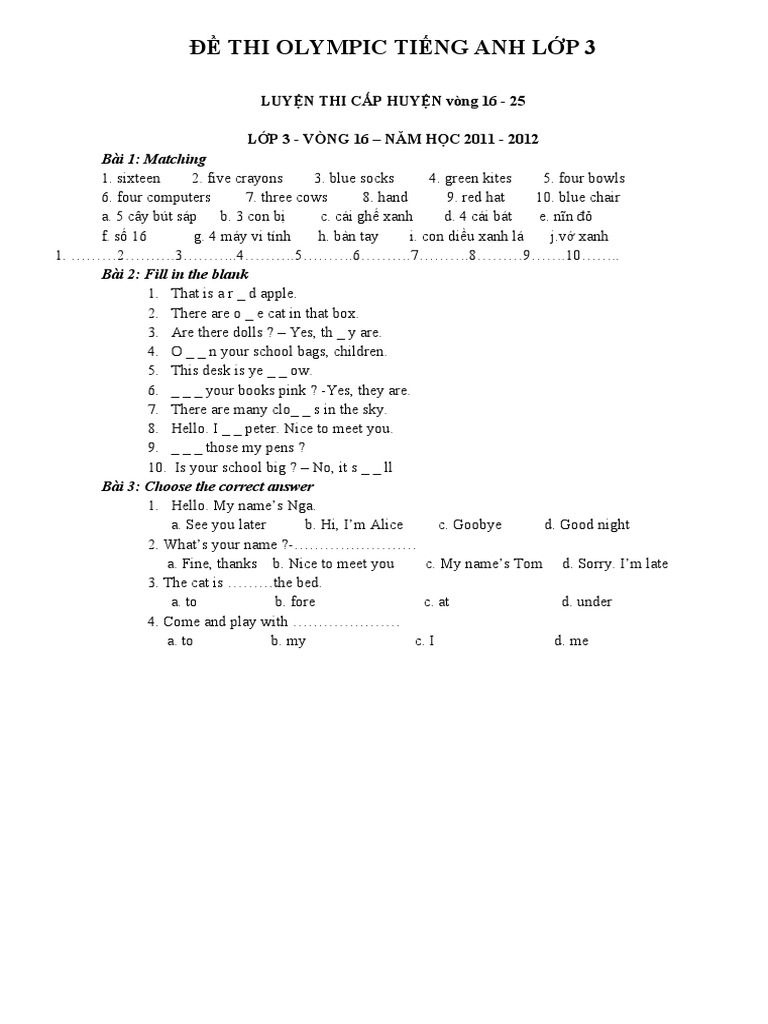Đề Thi Olympic Tiếng Anh Lớp 3: Bài 1: Matching | PDF