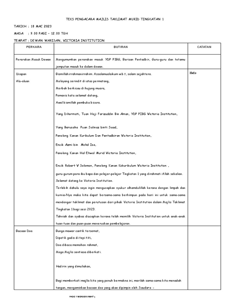 Teks Emcee Majlis Taklimat Tingkatan 1 2023 | PDF