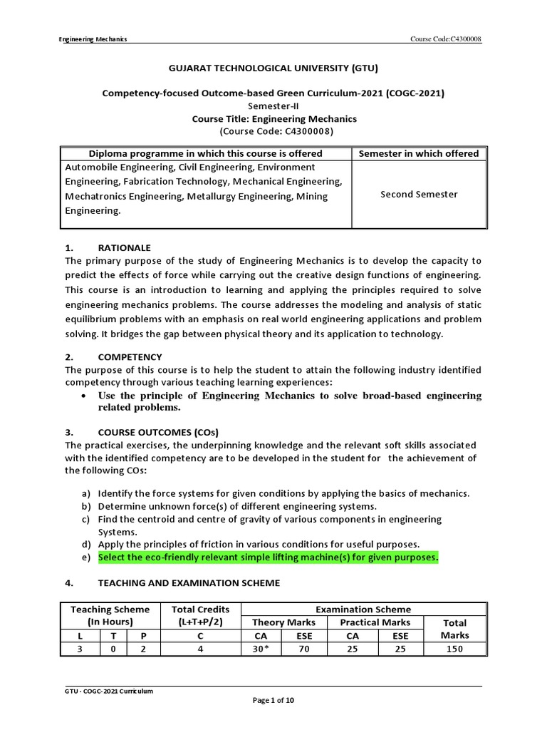 Engineering Mechanics Course Code:C4300008: Page 1 of 10 | PDF