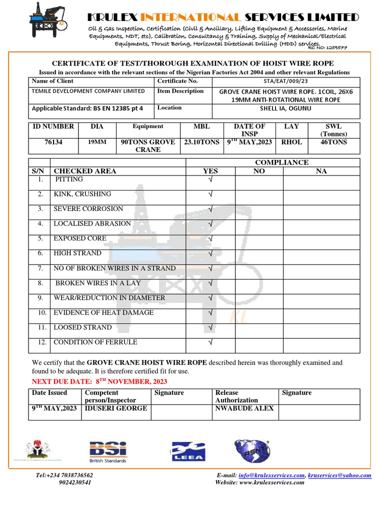 Wire Rope Cert | PDF