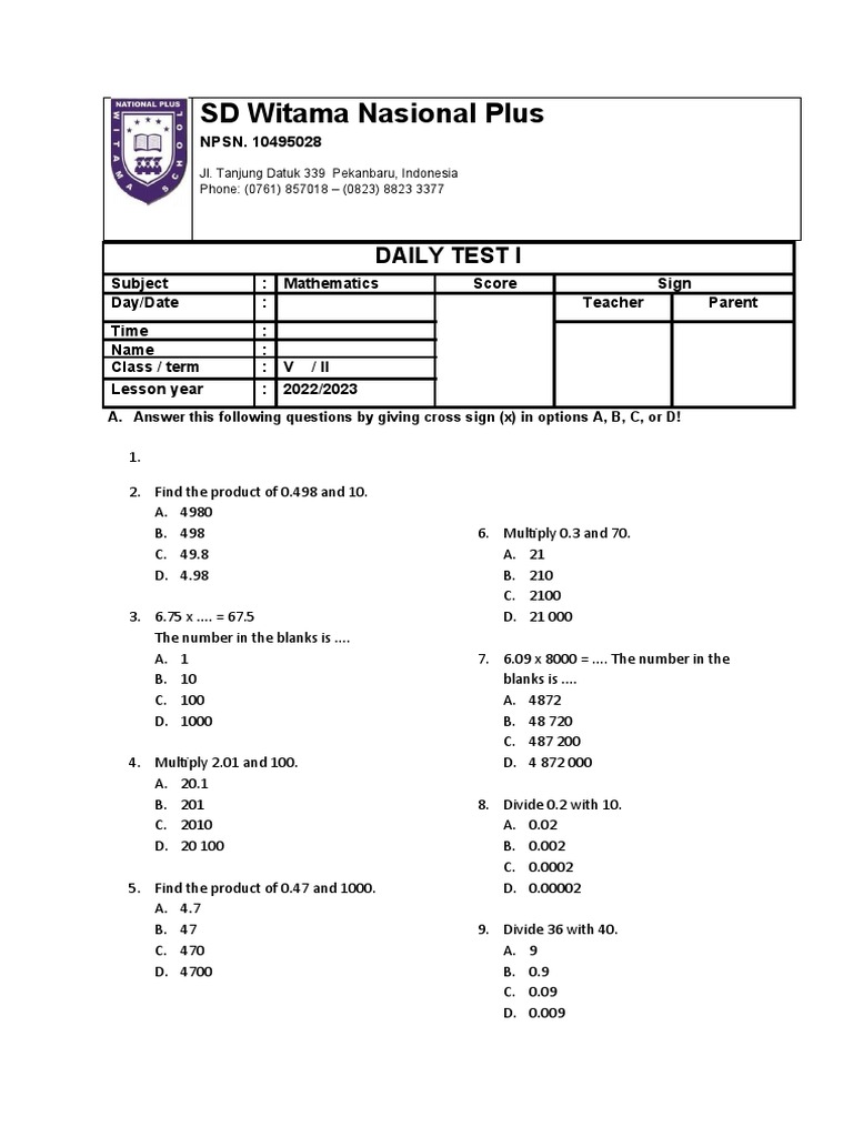 Grade 5 Math Test: Multiplication & Division | PDF