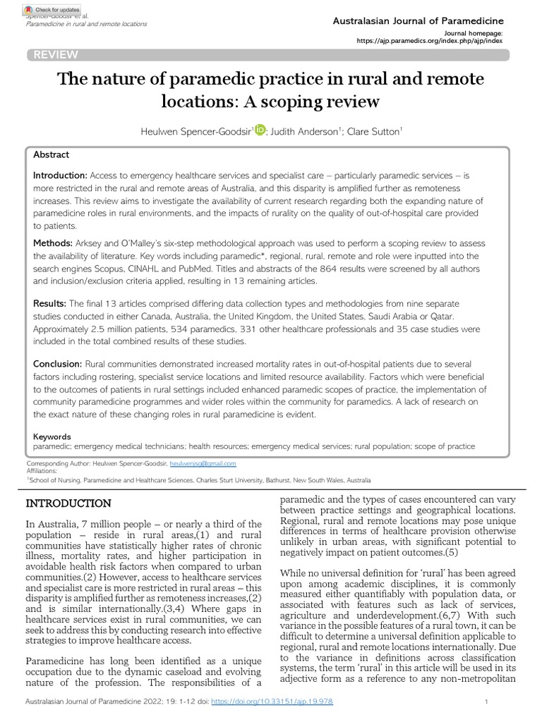 The Nature of Paramedic Practice in Rural and Remote Locations A Scoping Review | Download Free ...
