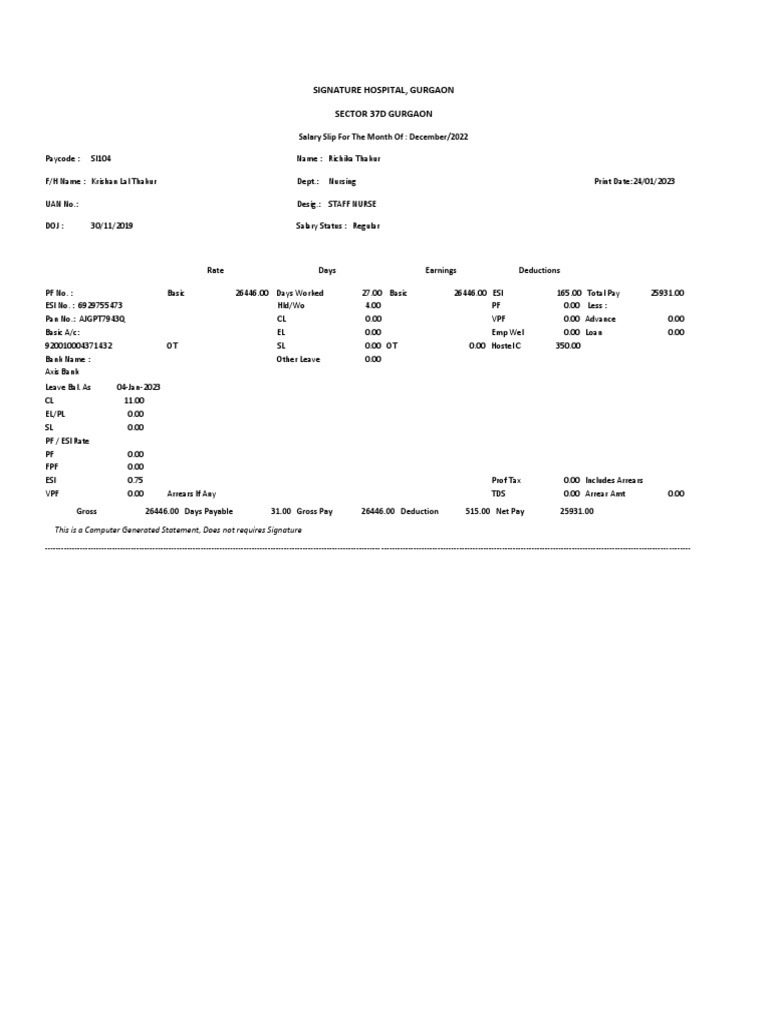 Salary Slip For The Month Of: December/2022: Signature Hospital ...