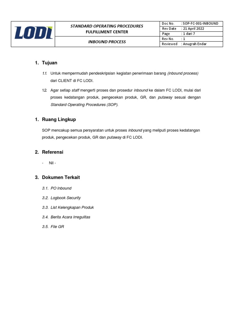 Sop Inbound - Lodi | PDF | Bisnis | Pengelolaan Keuangan & Uang