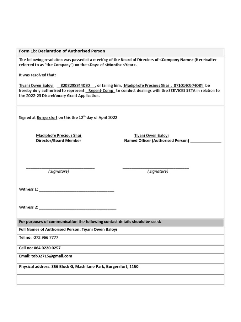 Services SETA Declaration of Authorised Person 1 | PDF