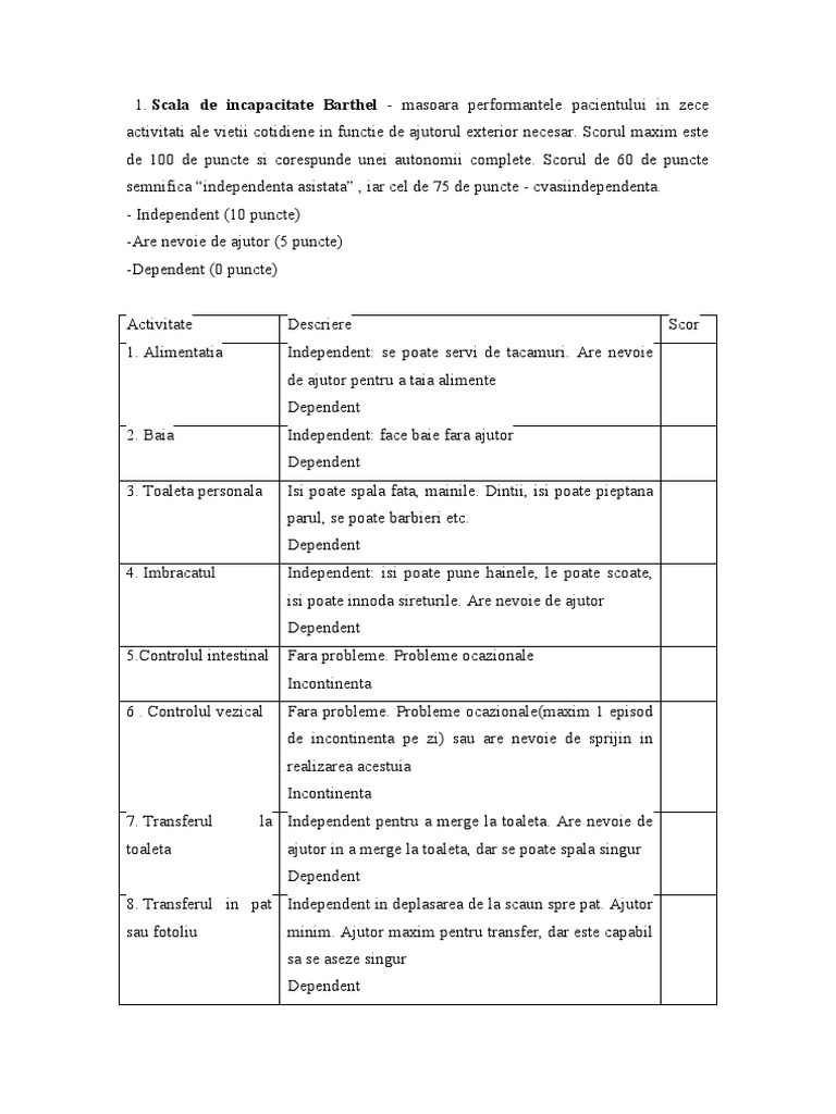 Scala de Incapacitate Barthel | PDF
