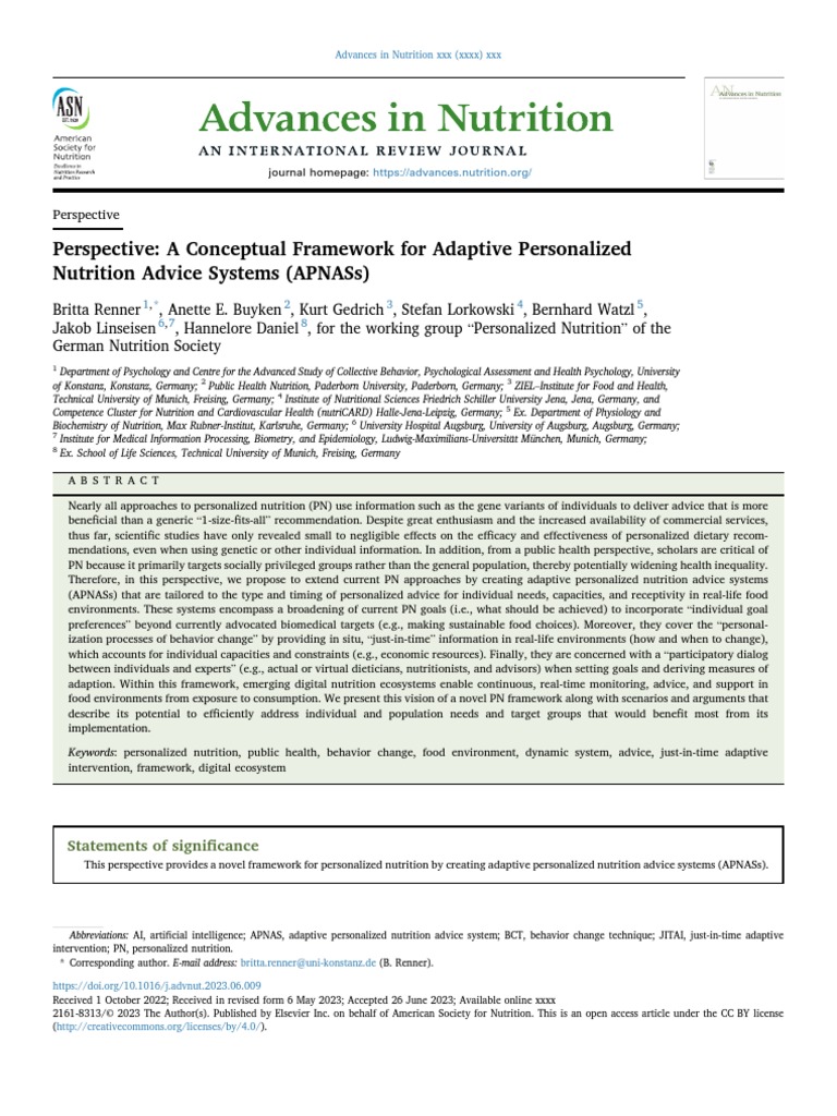 Adaptive Personalized Nutrition Framework | PDF | Behavior | Artificial ...
