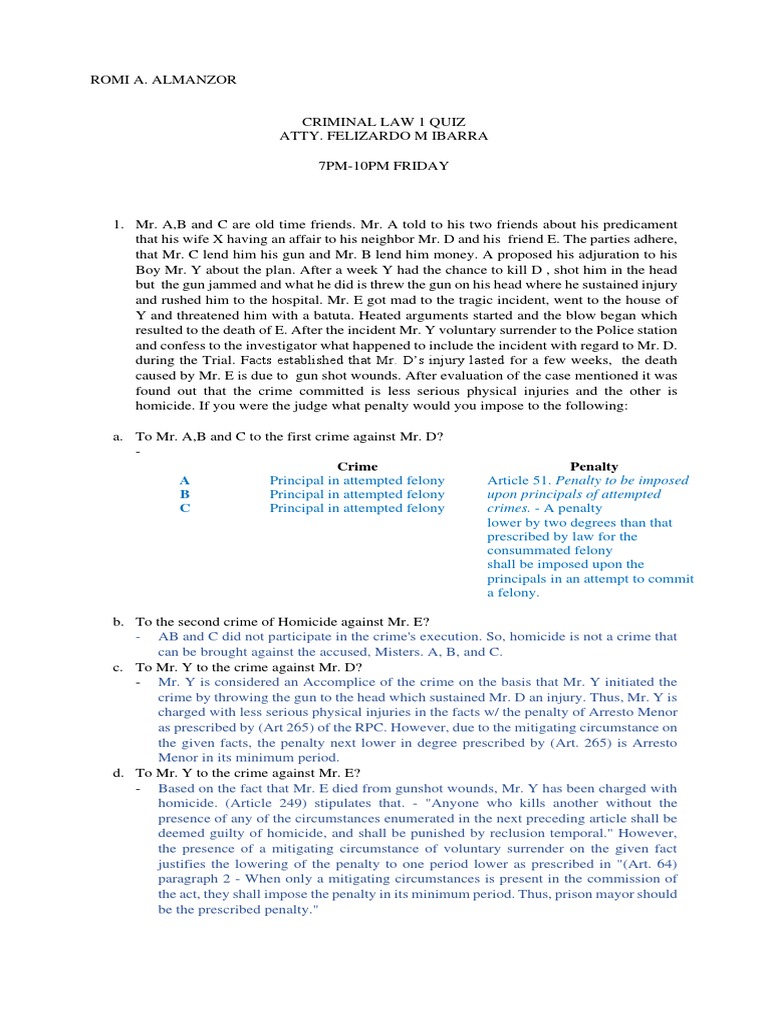 ALMANZOR CRIMLAW01 Quiz01 | PDF | Parole | Crimes