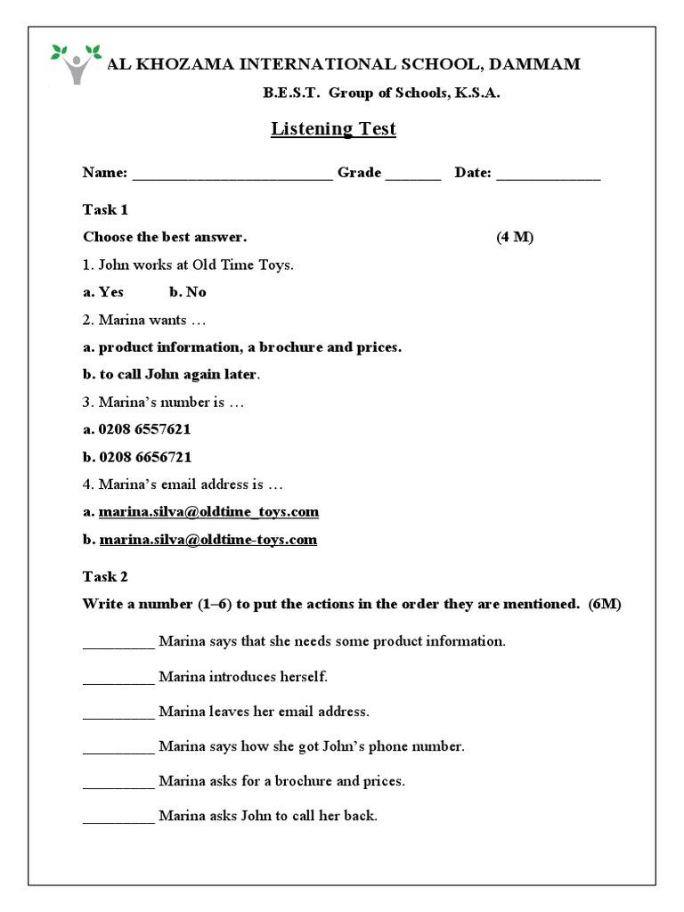 Grade 6 - Listening Test | PDF