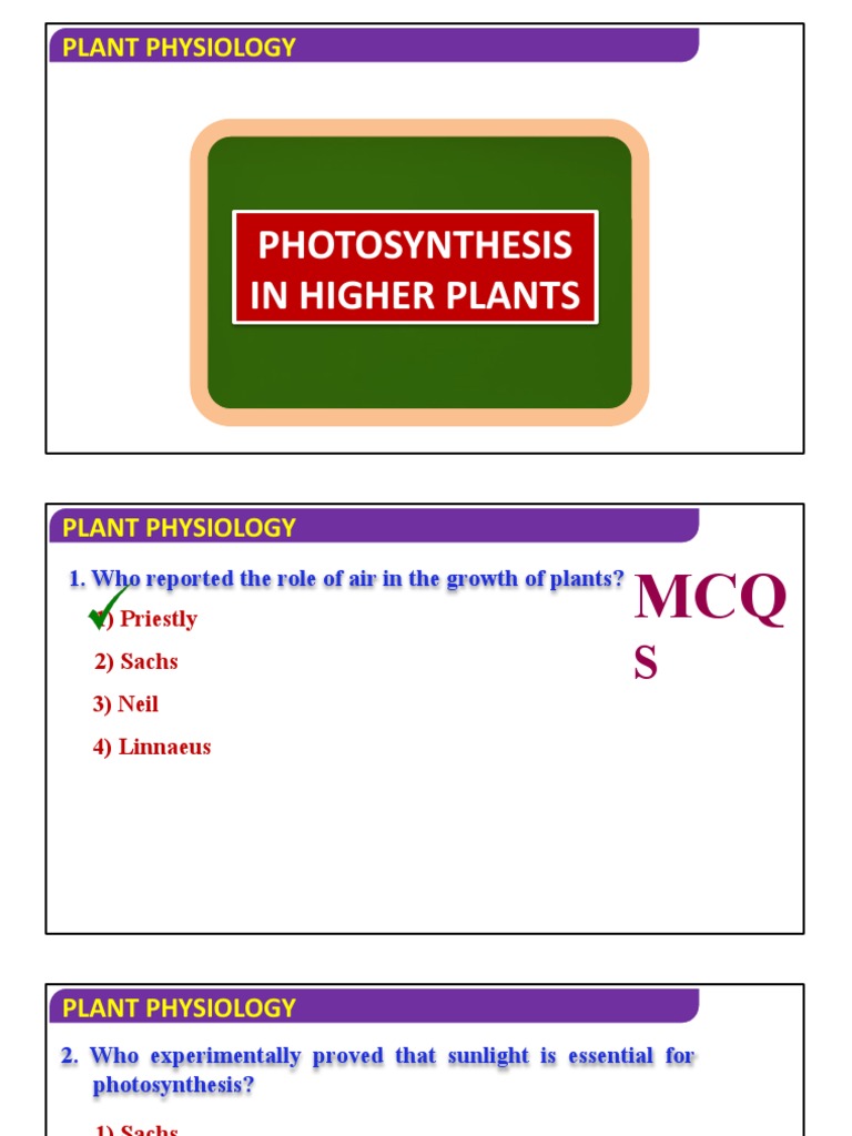 Biology - XI - Photosynthesis in Higher Plants - MCQs 1 | Download Free PDF | Photosynthesis ...