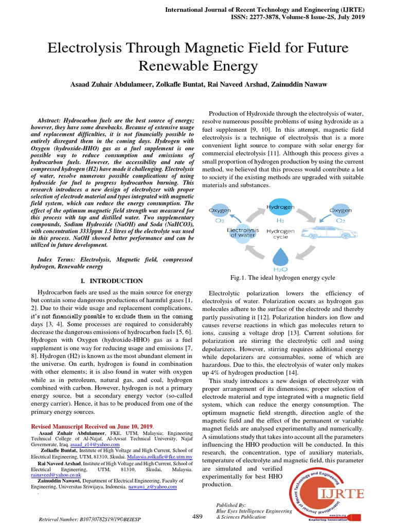 Electrolysis Through Magnetic Field For Future Renewable Energy | PDF | Hydrogen | Physical Sciences