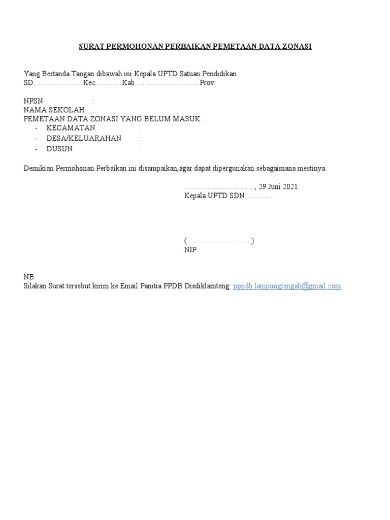Surat Permohonan Perbaikan Pemetaan Data Zonasi | PDF