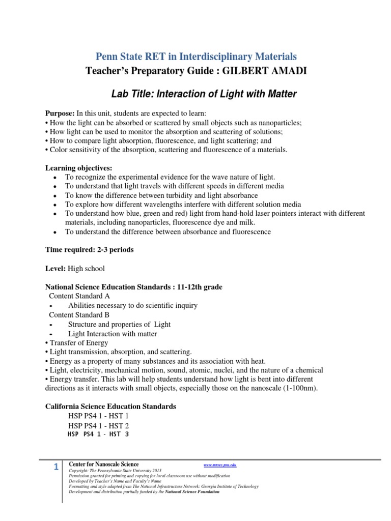 Light Interaction With Matter Lesson Plan | PDF