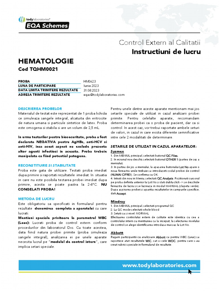 Instructiuni de Lucru - Hematologie - Iunie 2023 | PDF