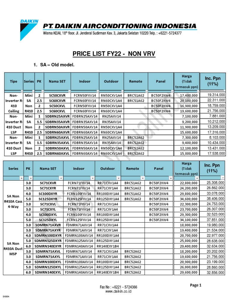Daikin AC Price List FY22 | PDF