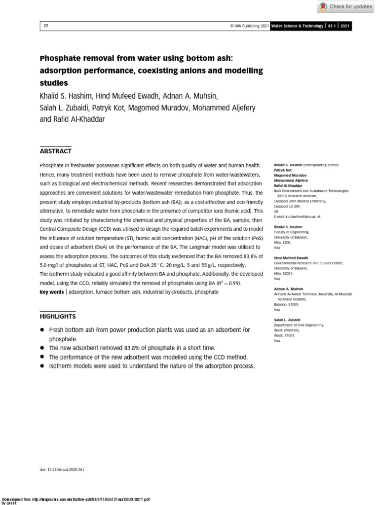 Phosphate Removal From Water Using Bottom Ash Adsorption Performance Coexisting Anions and ...