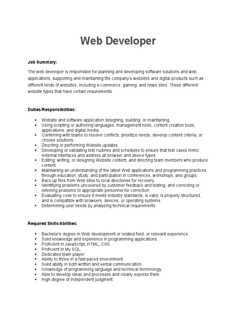 Web Developer Job Description | PDF Web Developer Job Description | PDF