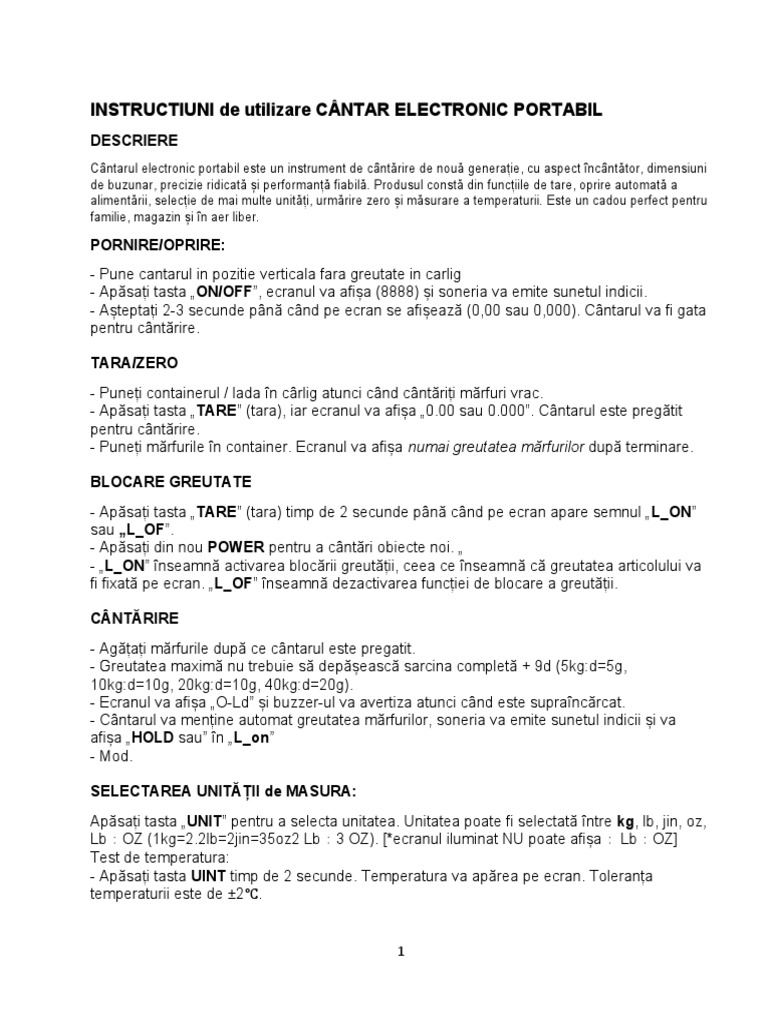 INSTRUCTIUNI de Utilizare CÂNTAR ELECTRONIC PORTABIL | PDF