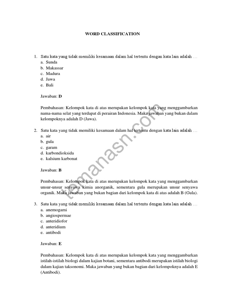Word Classification Pre Test | PDF