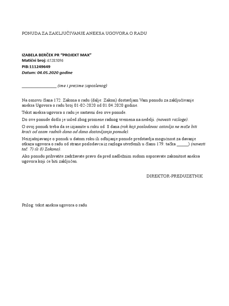 Ponuda Za Aneks Ugovora o Radu-Hhh | PDF