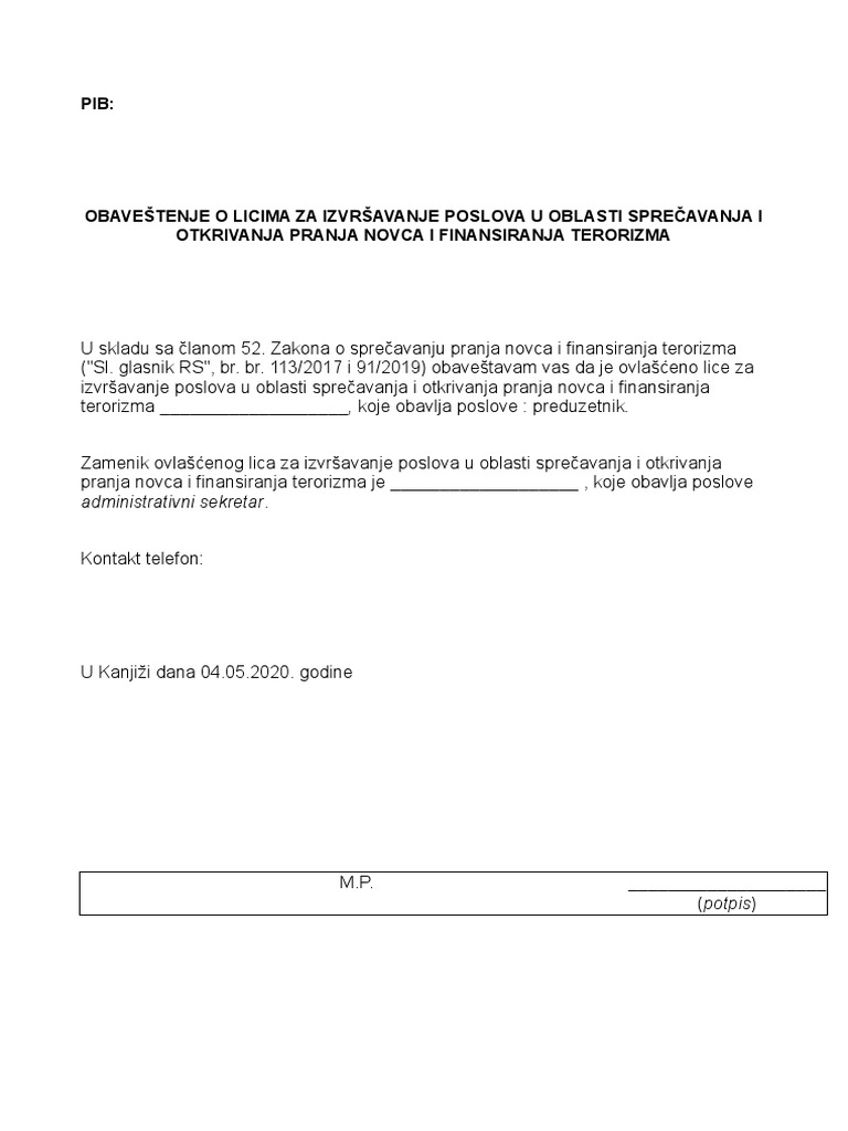 Obavestenje Pranje Novca 2020 | PDF