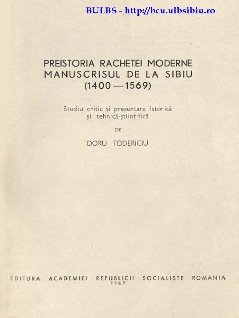 Sibiu_Preistoria Rachetei Moderne - Manuscrisul de La Sibiu_1969 | PDF