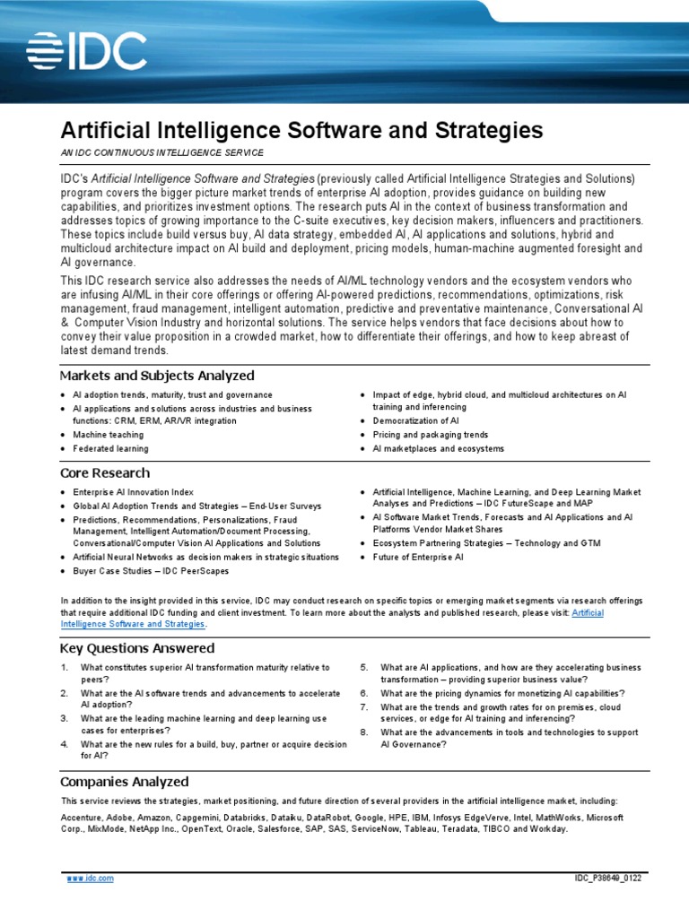 IDC Artificial Intelligence Software and Strategies - 2022 Jan ... IDC Artificial Intelligence Software and Strategies - 2022 Jan ...