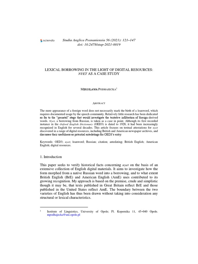 Lexical Borrowing in The Light of Digital Resources | PDF | English ...