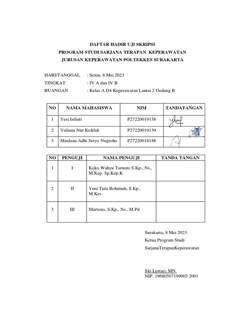 DAFTAR HADIR SEMHAS - Yesi, Yuliana, Maulana | PDF