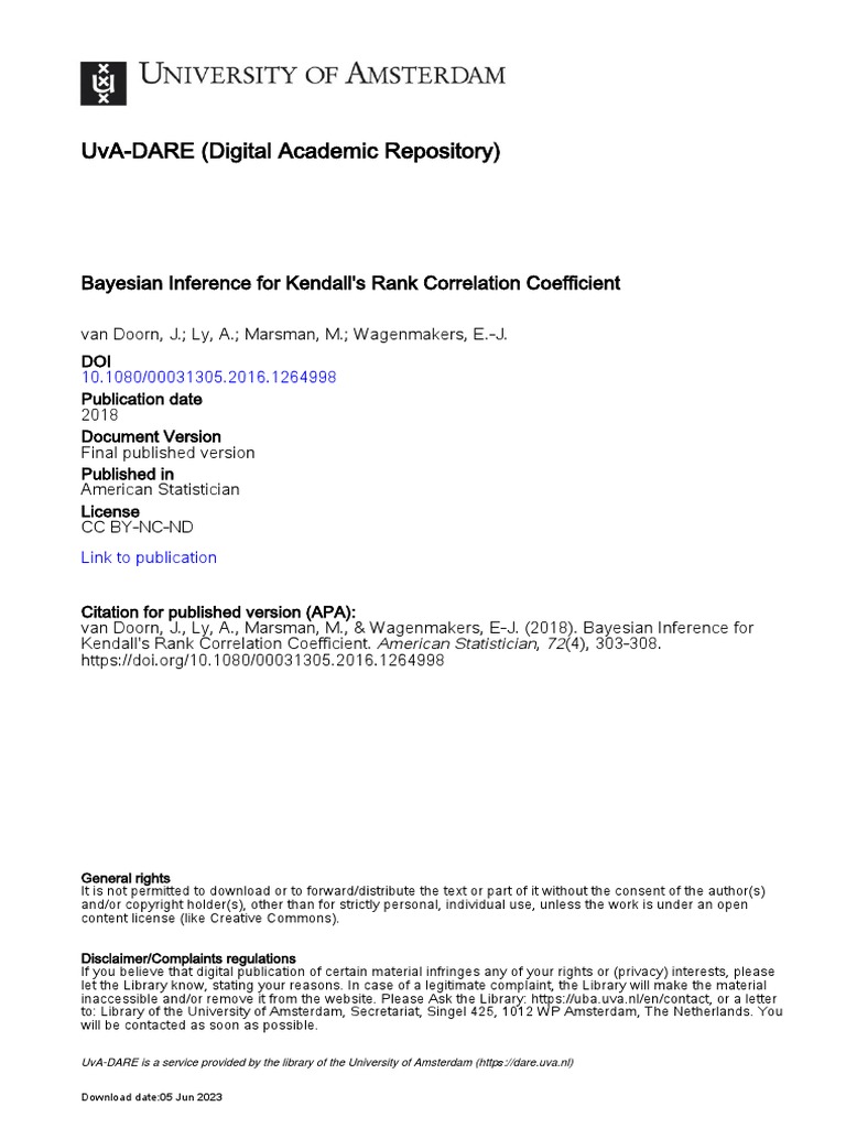 Bayesian Inference For Kendall S Rank Correlation Coefficient Pdf Statistical Inference