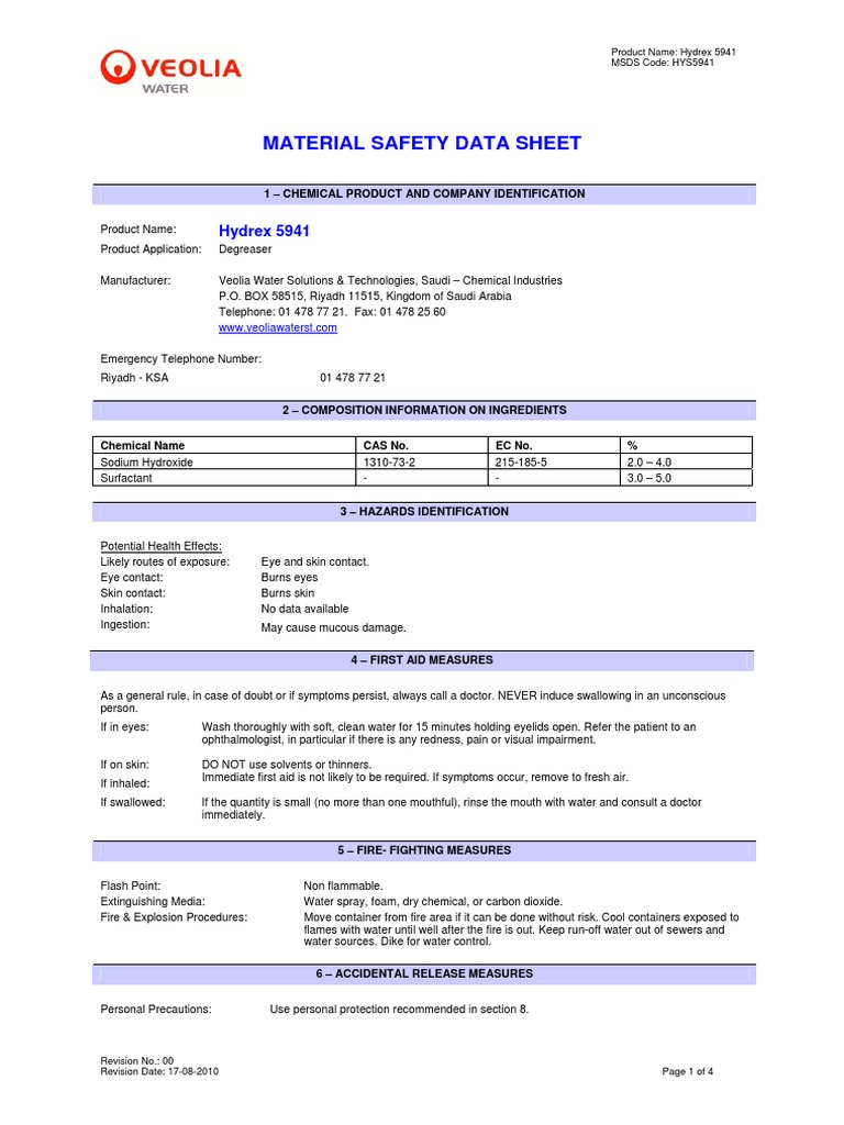 MSDS - Hydrex 5914 (Cleaning Chemical) - CO2 Plant | PDF | Dangerous ...