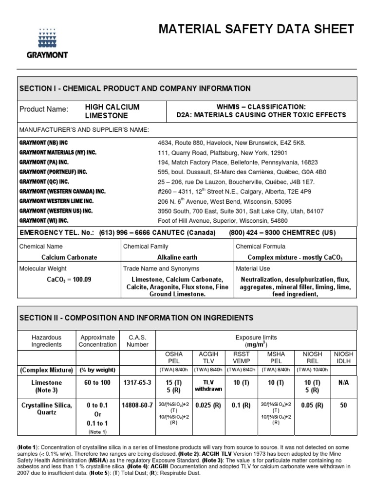 Msds Limestone | Download Free PDF | Limestone | Chemical Substances