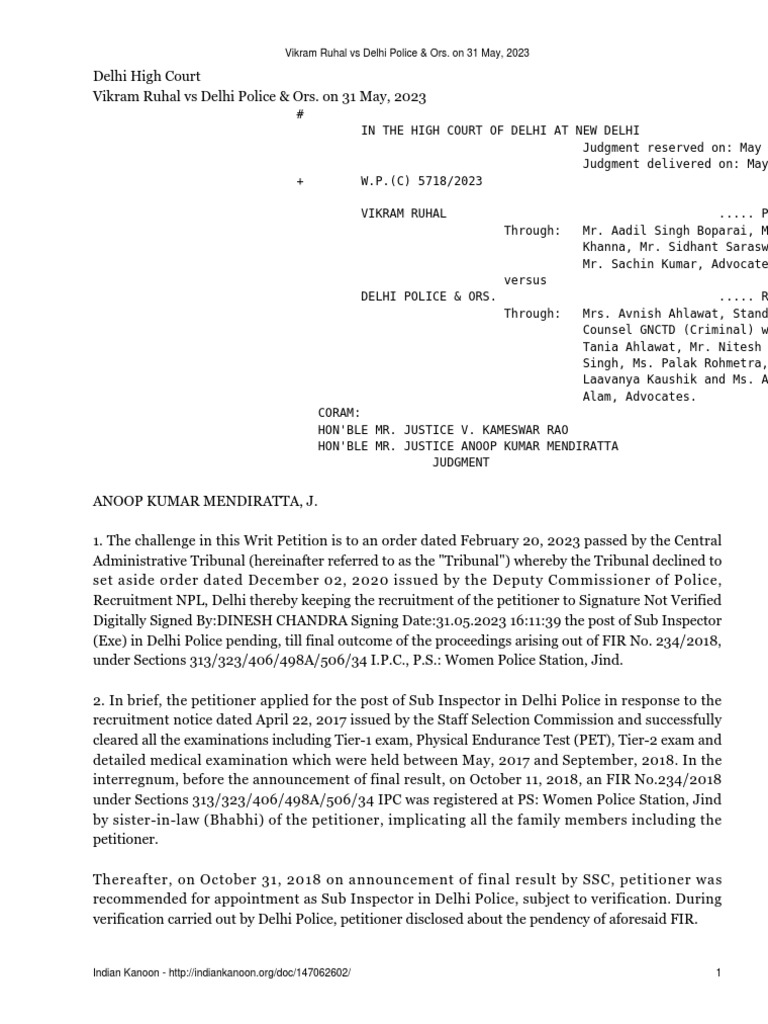 Vikram Ruhal Vs Delhi Polioce Ors On 31 May 2023 | PDF | Writ | Trials