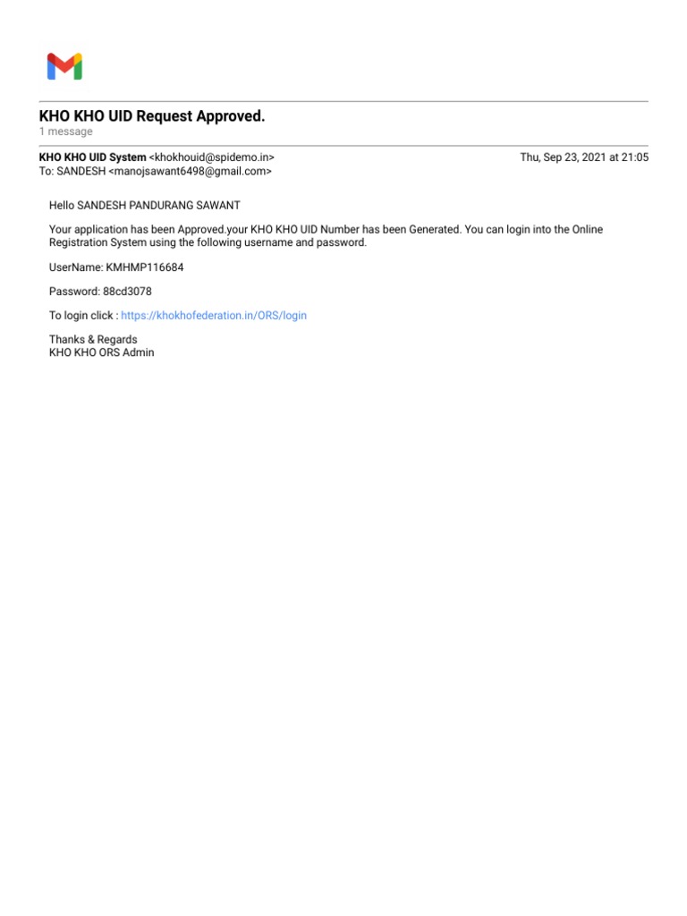 Gmail - KHO KHO UID Request Approved. | PDF