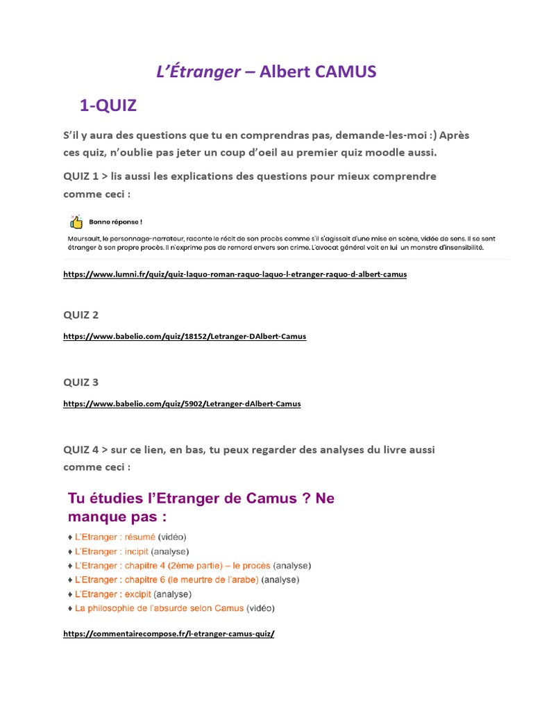 L'etranger - Fiche Recap | PDF | Albert Camus