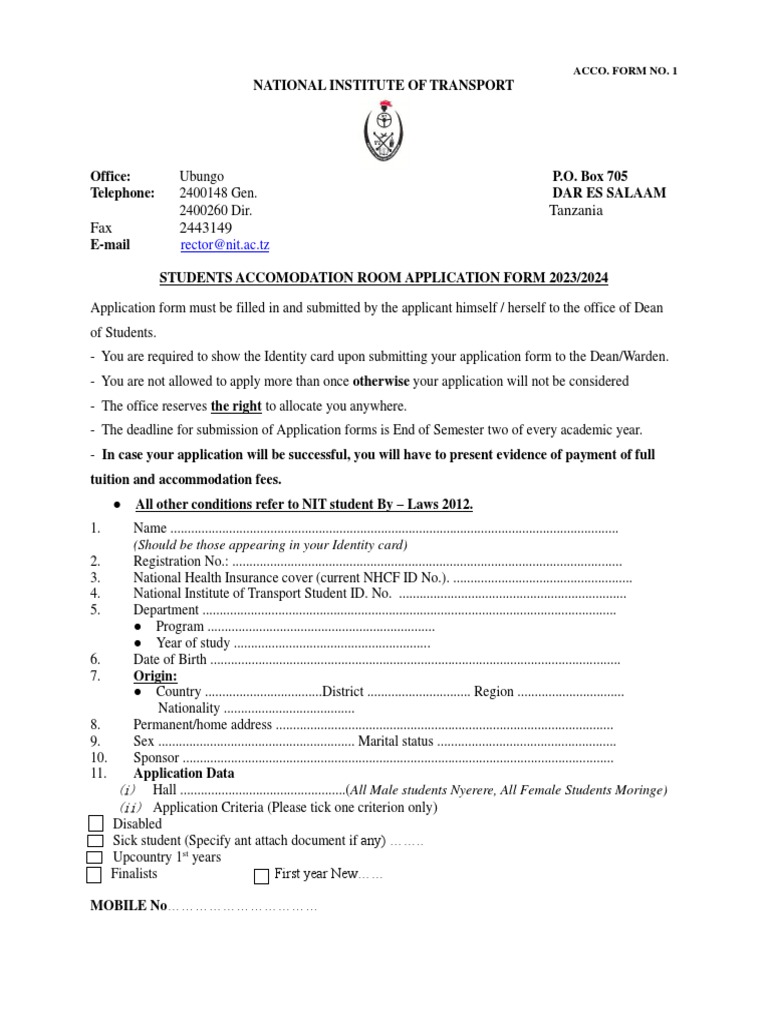 Accommodation Application Form 2023 | PDF