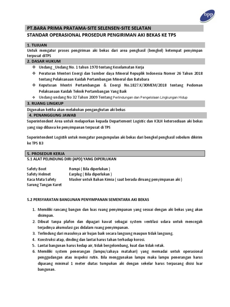 Sop Pengiriman Aki Bekas Ke TPS | PDF