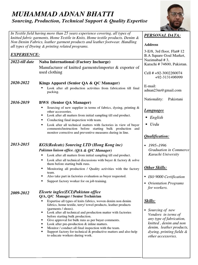 Adnan Bhatti CV New | PDF | Textiles | Clothing